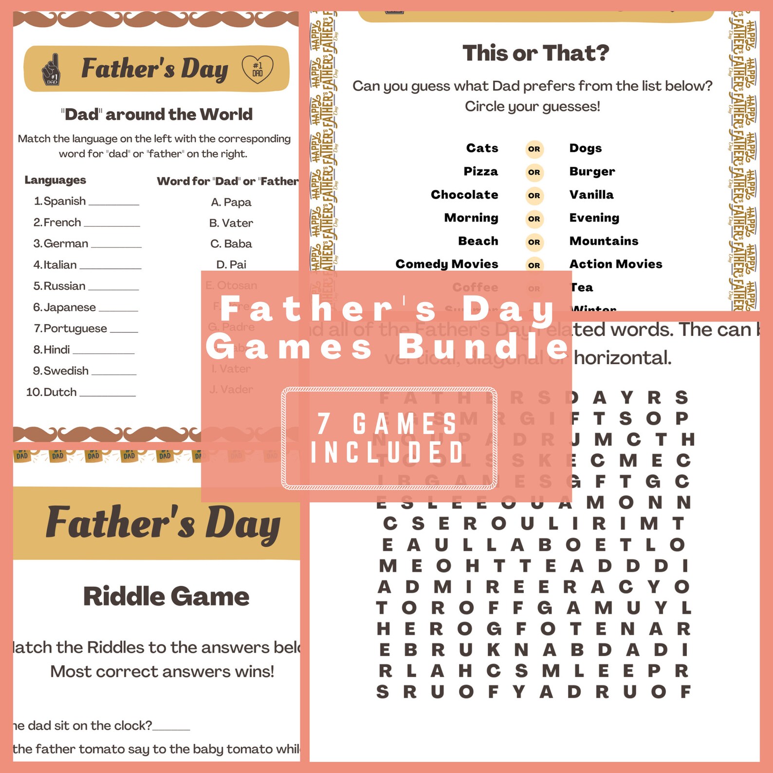 Fathers Day Printable Games Games Bundle Riddles This or That Word ...