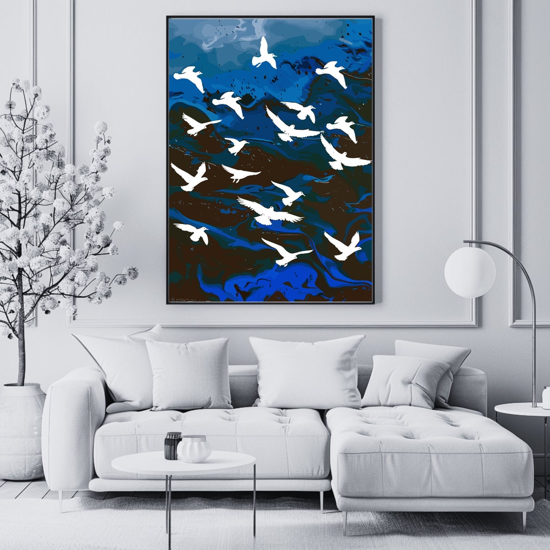 White Flying Birds Print, Royal Blue Wall Art, Abstract Art Print ...