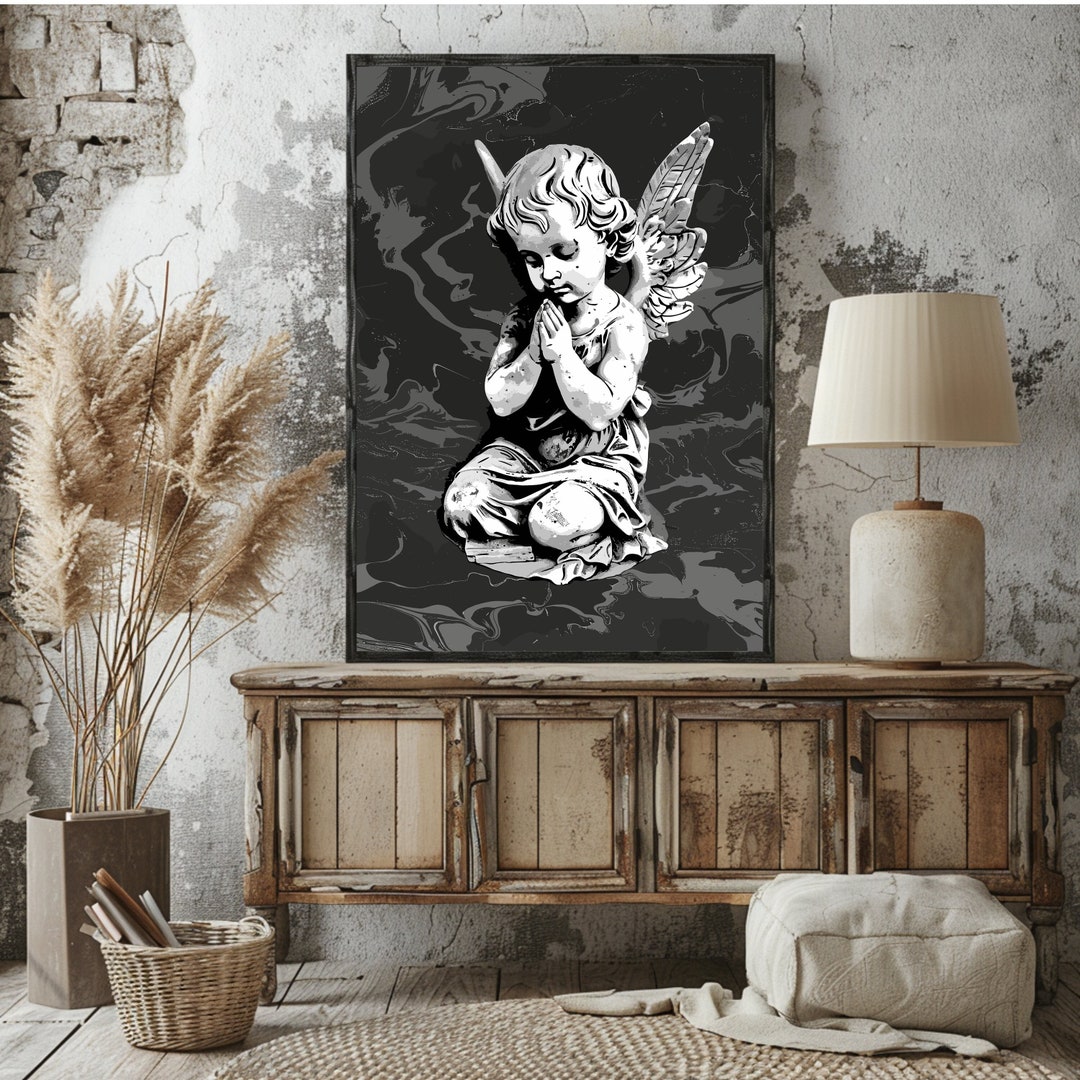 Praying Cherub Print, Grey and White Wall Art, Abstract Art Print ...