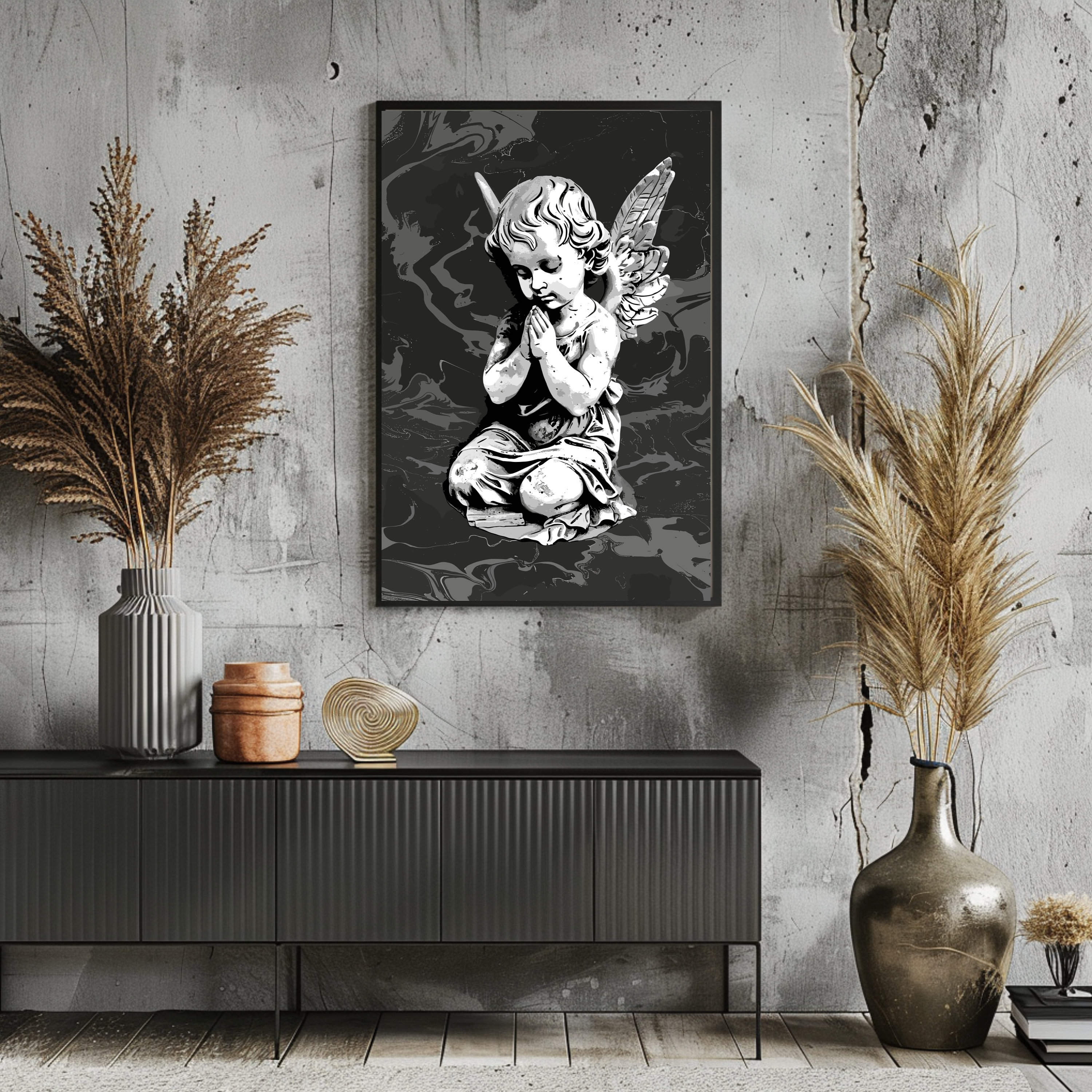Praying Cherub Print, Grey and White Wall Art, Abstract Art Print ...