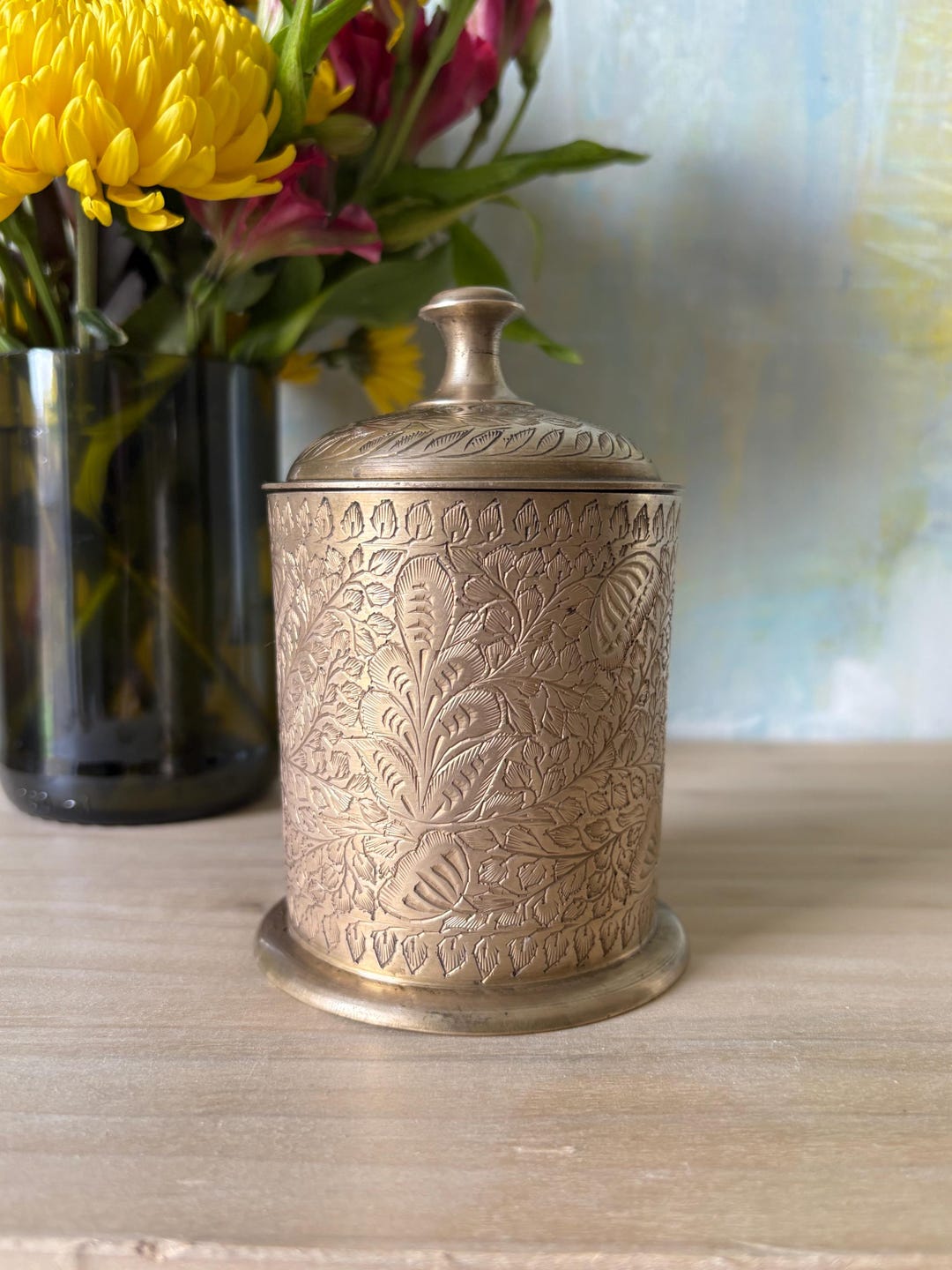 Vintage Etched Brass Canister With Lid - Etsy