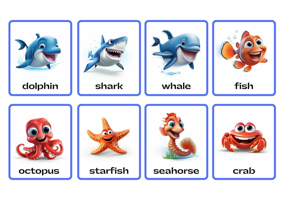Children's Learning Flash Cards, 16 Sea Animals Learning Flash Cards ...