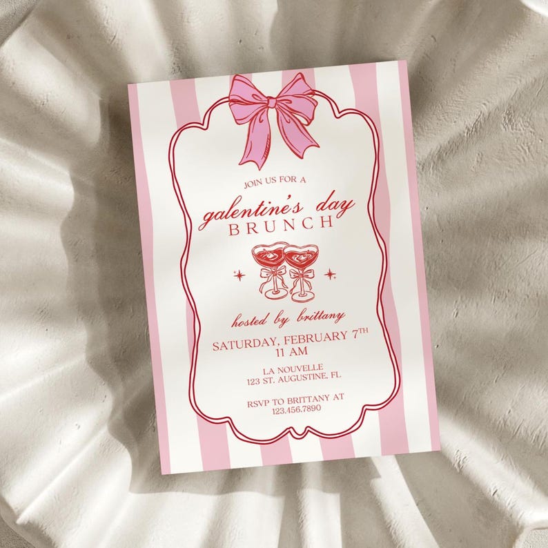Pink Coquette Galentine's Brunch Invitation Bows Template Pink and Red ...