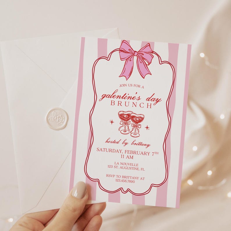 Pink Coquette Galentine's Brunch Invitation Bows Template Pink and Red ...