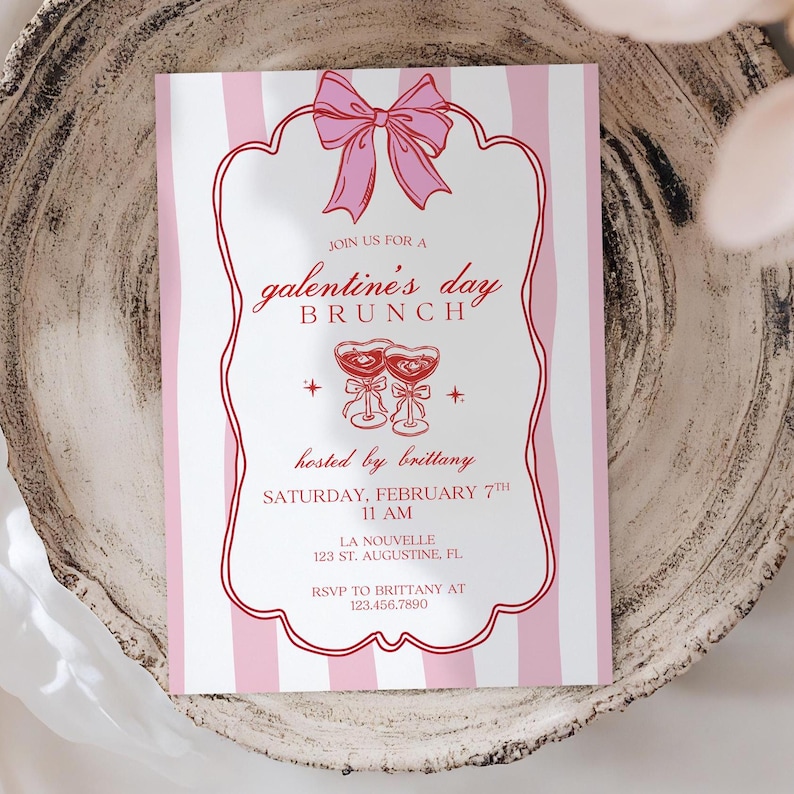 Pink Coquette Galentine's Brunch Invitation Bows Template Pink and Red ...