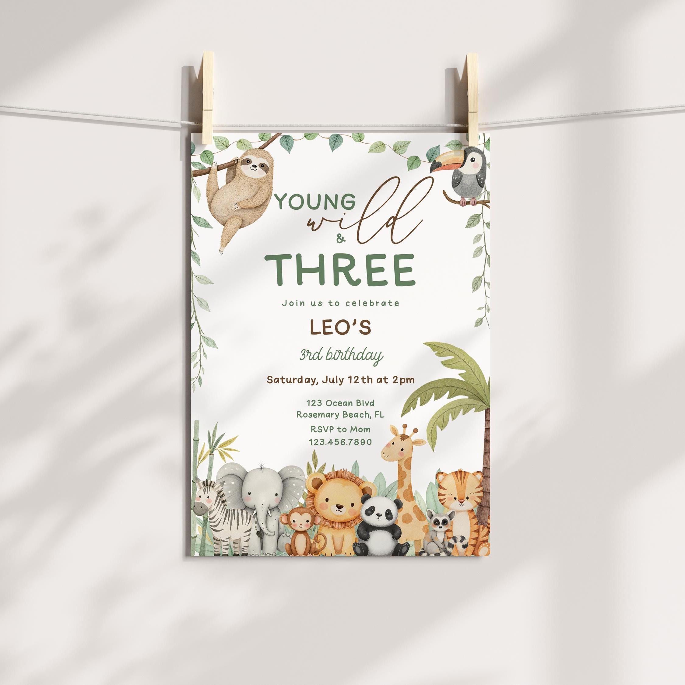 Editable Safari Birthday Invitation, Young Wild and Three Invitation ...