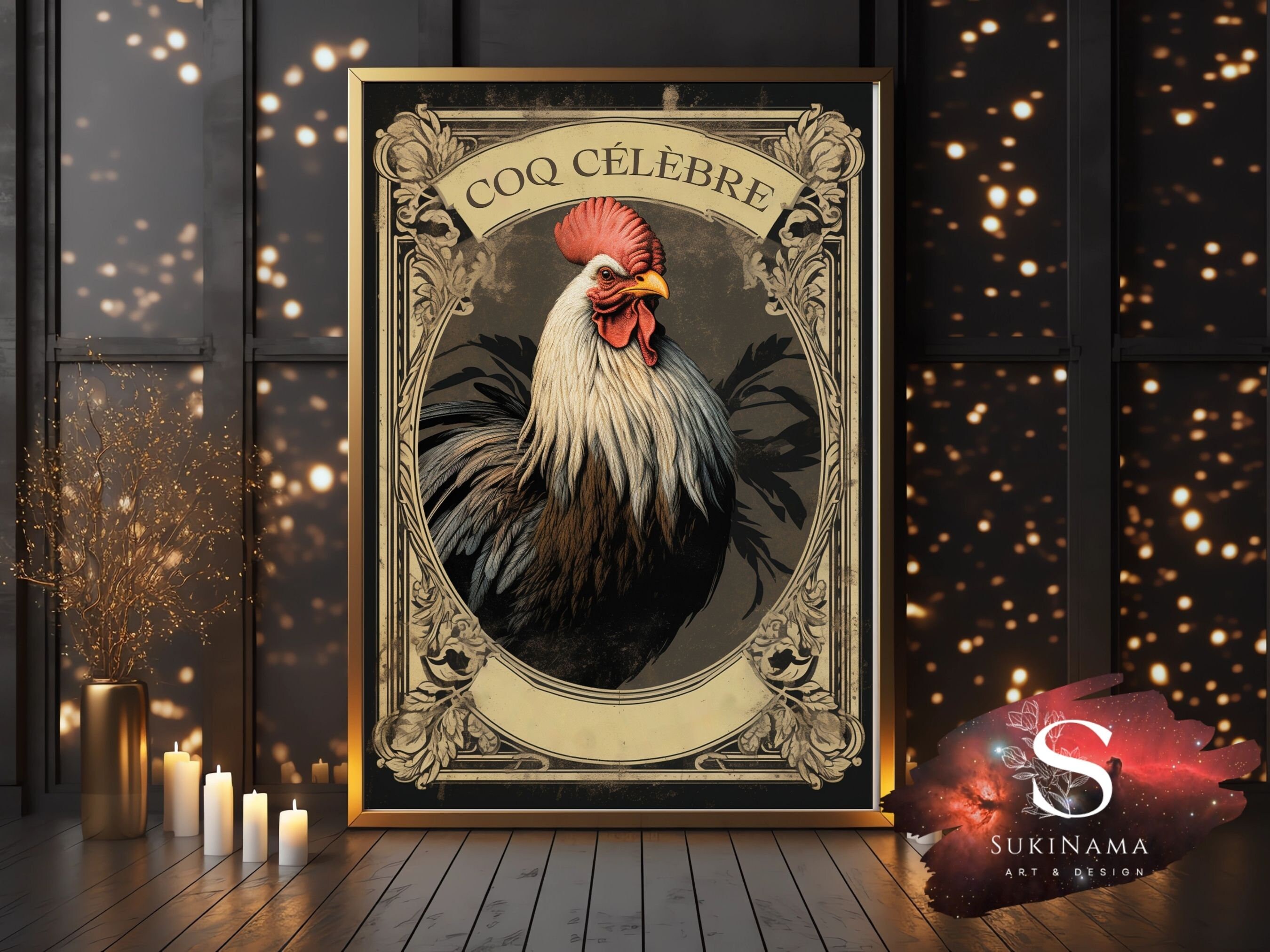 Elegant Dark Academia Coq Celebre Rooster Art Poster, Dark Art Poster ...