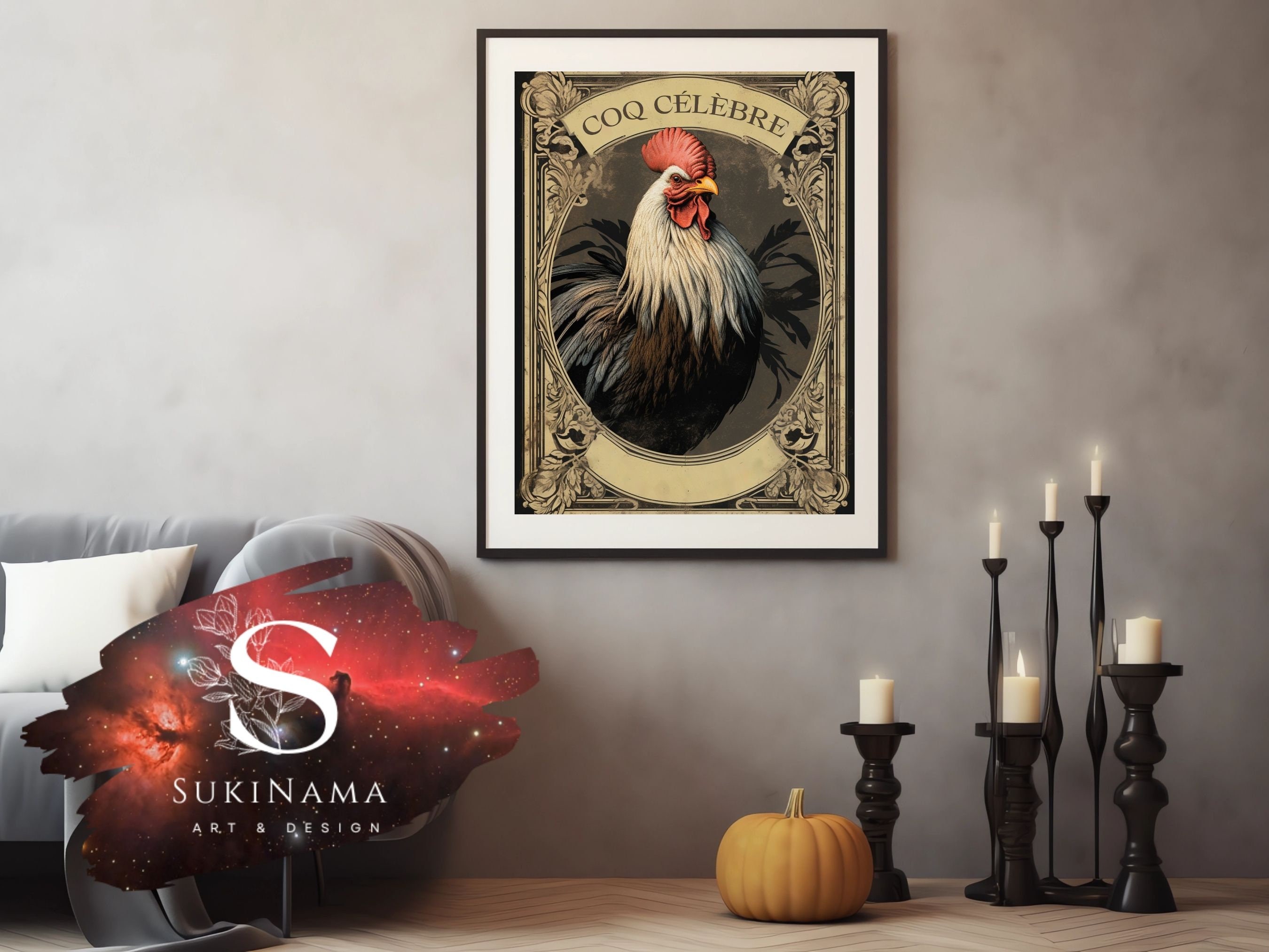 Elegant Dark Academia Coq Celebre Rooster Art Poster, Dark Art Poster ...