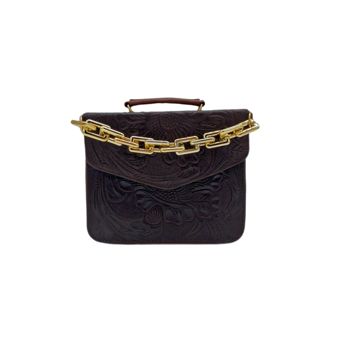 Brown Leather Purse With Decorative Gold Chain - Etsy