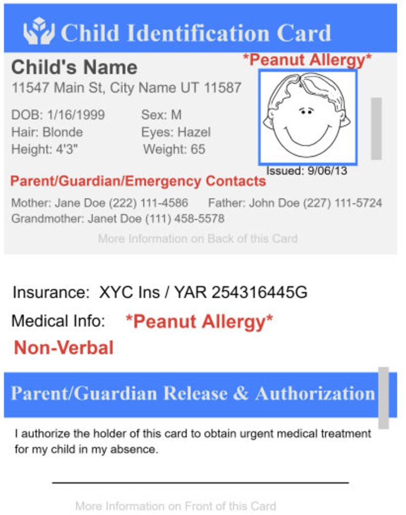 Custom Child ID Card: Emergency Medical Information, PVC Card - Etsy