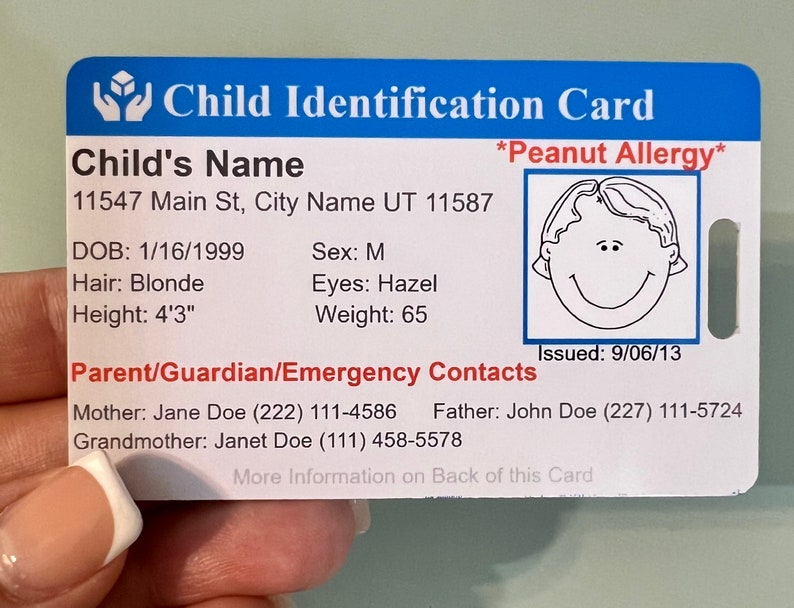 Custom ID Card W/ Emergency Medical Info, PVC ID Card, Child Id Card ...