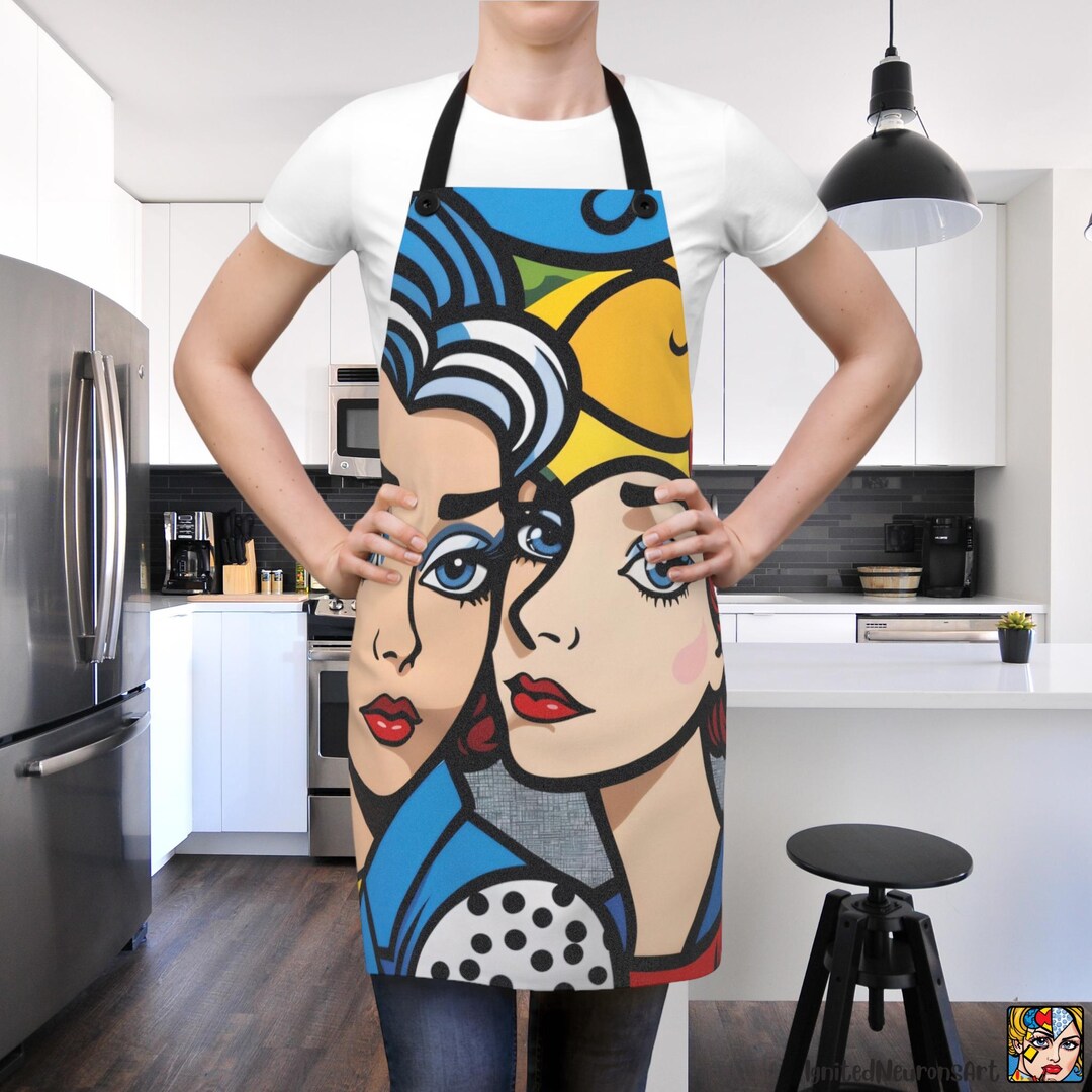 Pop Art Stylish Apron Vibrant Kitchen Apron Two Ladies Backyard Cooking ...