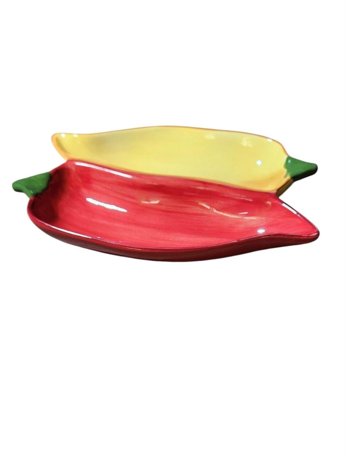 Clay Art Pottery Ceramic Double Pepper Yellow Red Chili Jalapeño Dish ...