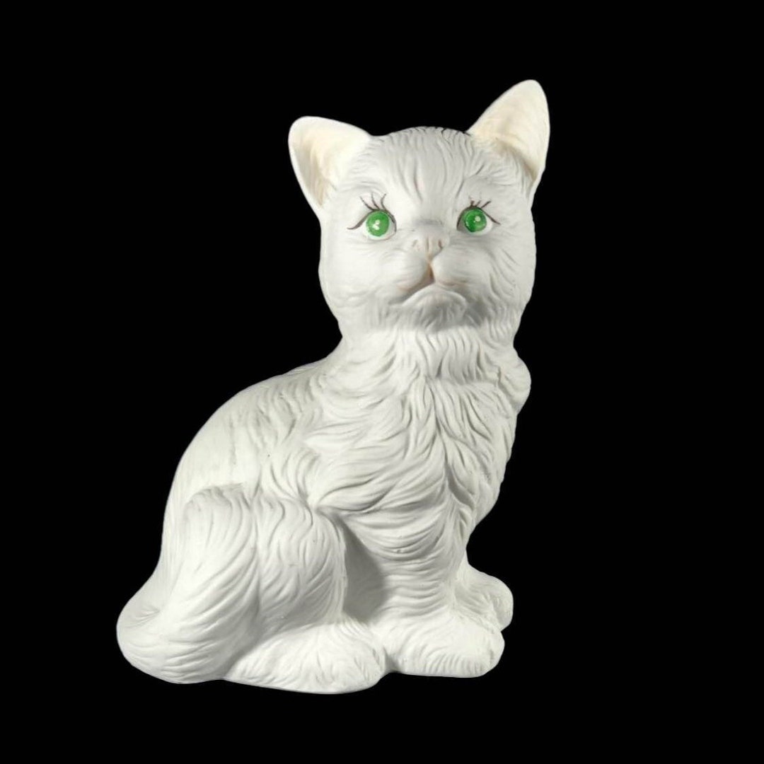 White Ceramic Adorable Persian Cat Statue With Green Eyes - Etsy