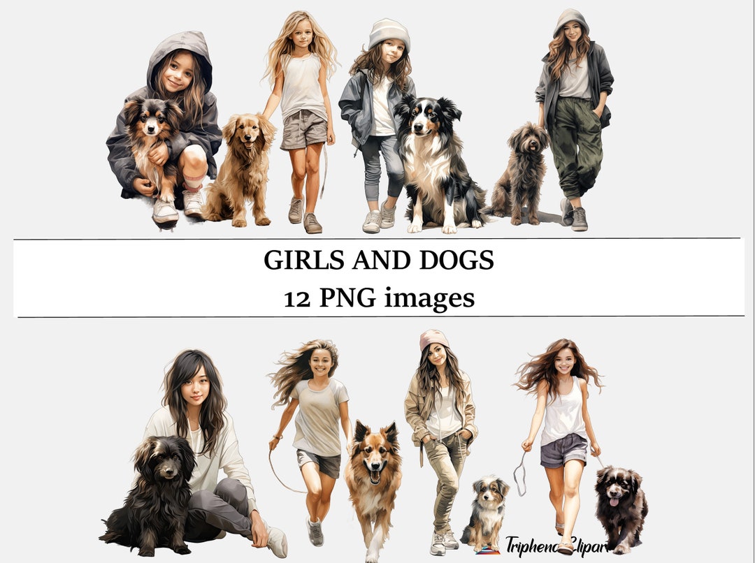 Dog Clipart, Girls and Dogs, PNG Watercolour Clipart, Cute Dogs, Dog ...