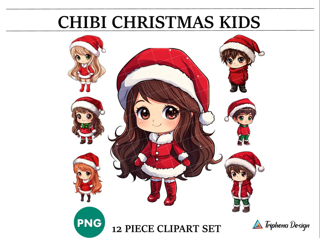 Christmas Chibi Kids Clipart Set 12 PNG Holiday Chibi Kids With Festive ...