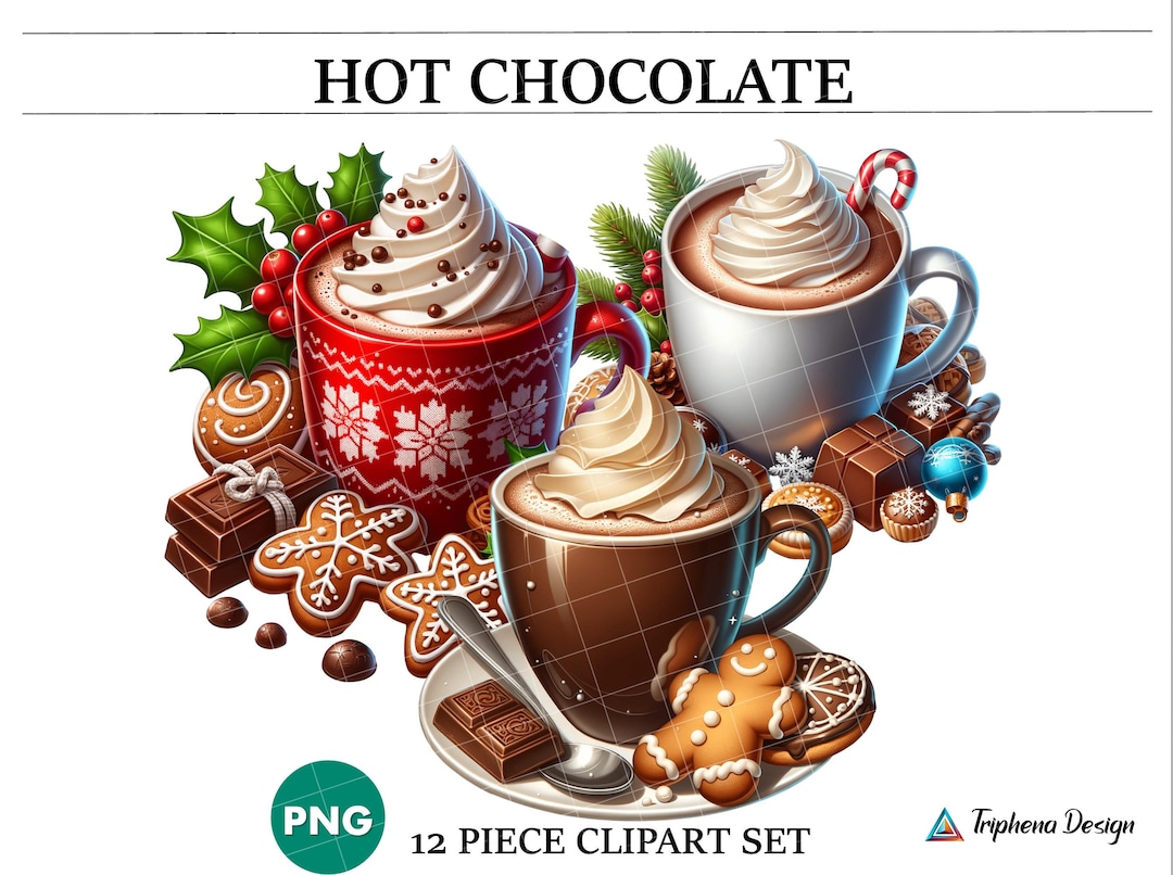 Hot Chocolate Christmas Clipart Set 12 PNG Illustrations of Cups of Hot ...