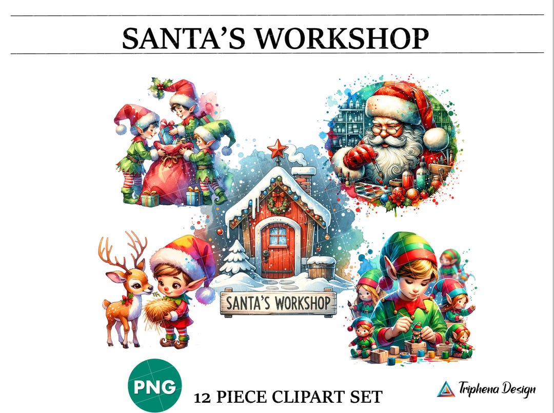 Santa's Workshop Clipart Set 12 PNG Christmas Graphics With Elves ...