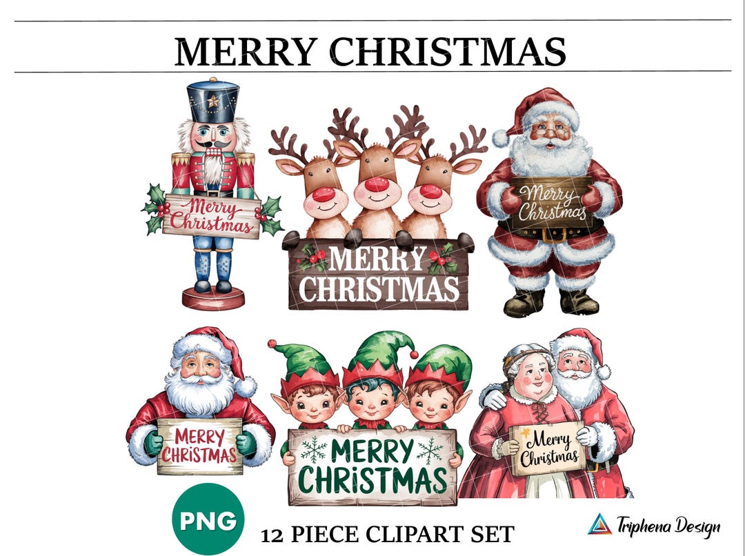 Merry Christmas Clipart Set 12 PNG Christmas Characters With Merry ...