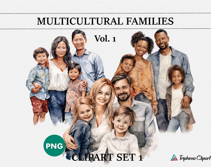 Families Clipart, Multicultural Families, PNG, Realistic Watercolour ...
