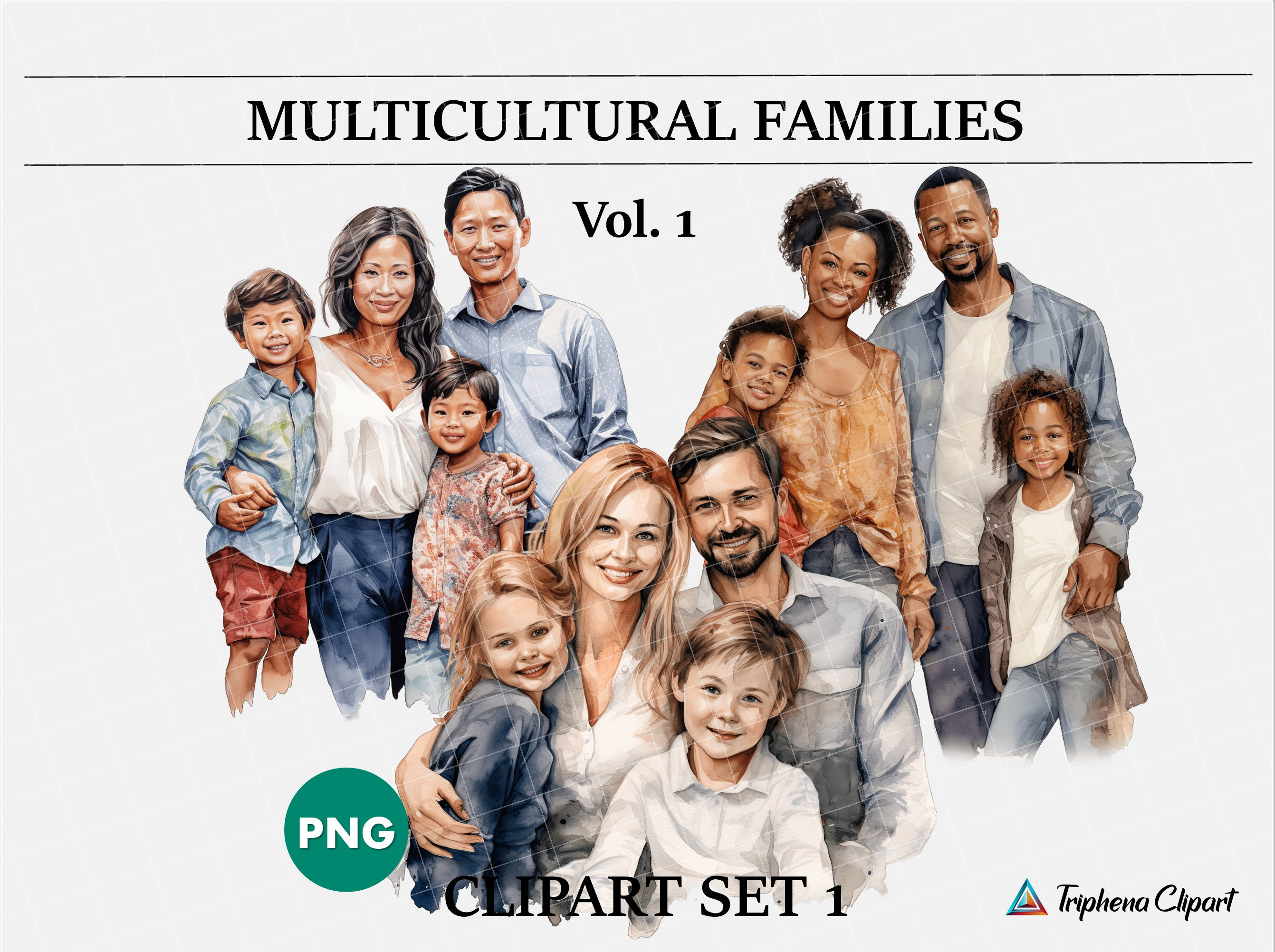 Families Clipart, Multicultural Families, PNG, Realistic Watercolour ...