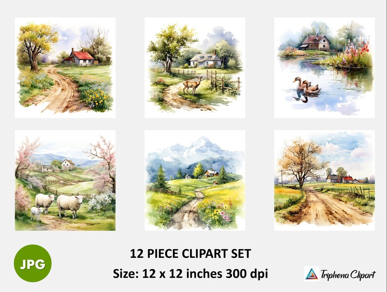 Spring in the Country Clipart, Fall, Autumn Clipart, Watercolour Farm ...
