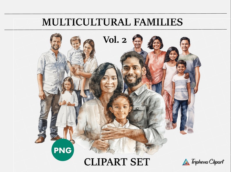 Families Clipart, Multicultural Families, PNG Realistic Watercolour ...