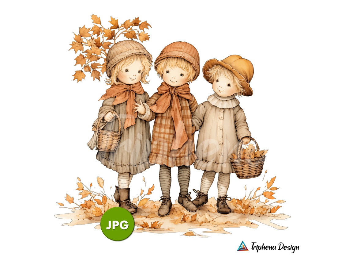 Vintage Autumn Clipart Fall Kids in Autumn 10-piece Highquality Jpgs ...