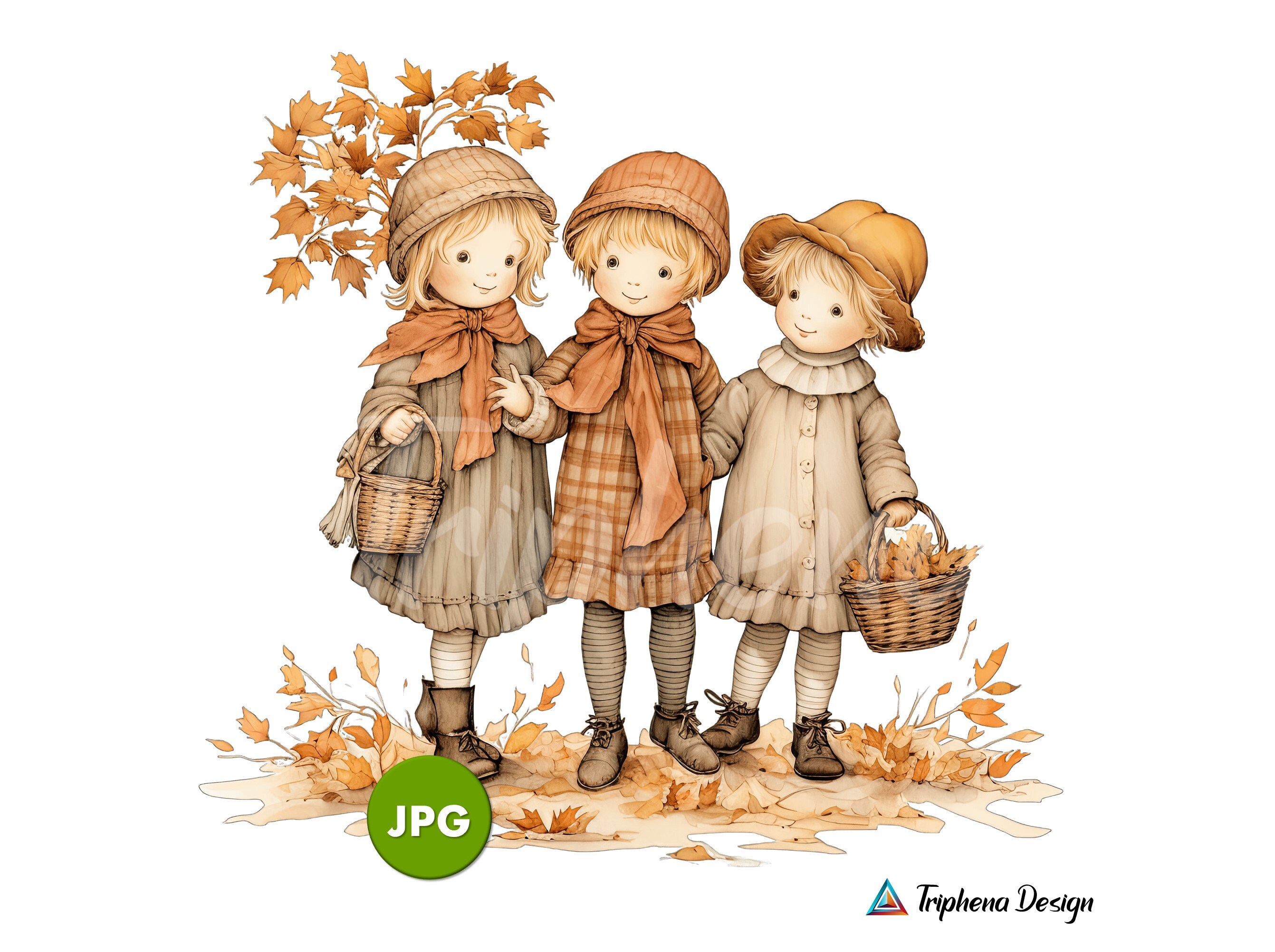 Vintage Autumn Clipart Fall Kids in Autumn 10-piece Highquality Jpgs ...