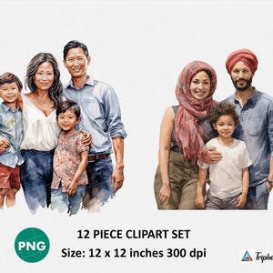 Families Clipart, Multicultural Families, PNG, Realistic Watercolour ...