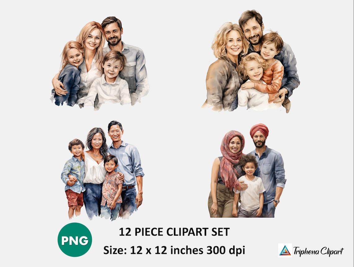 Families Clipart, Multicultural Families, Realistic Watercolour Images ...