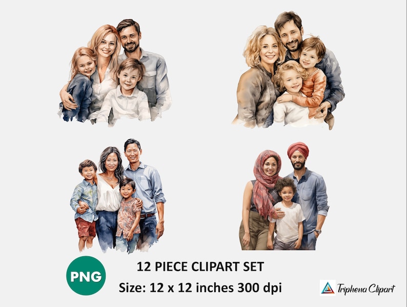 Families Clipart, Multicultural Families, Realistic Watercolour Images ...