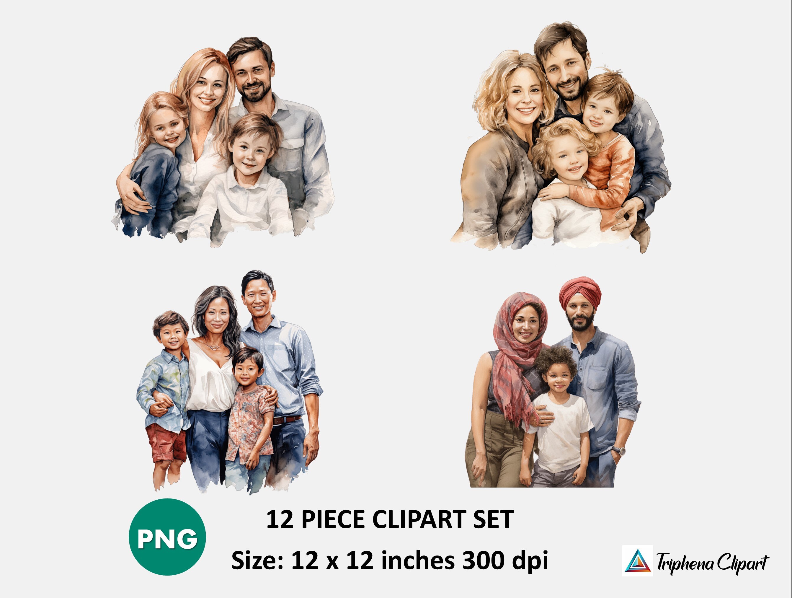 Families Clipart, Multicultural Families, Realistic Watercolour Images ...