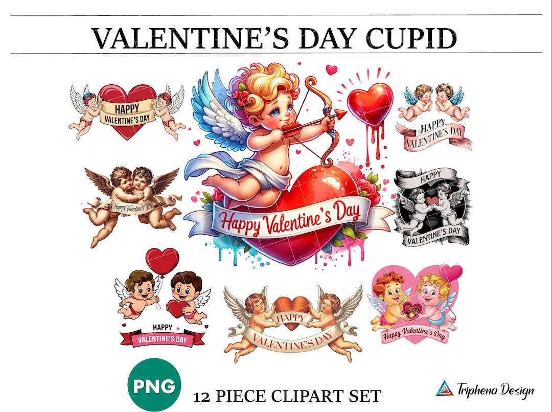 Valentine's Day Cupids Clipart Set 12 PNG Illustrations of Cupids in ...
