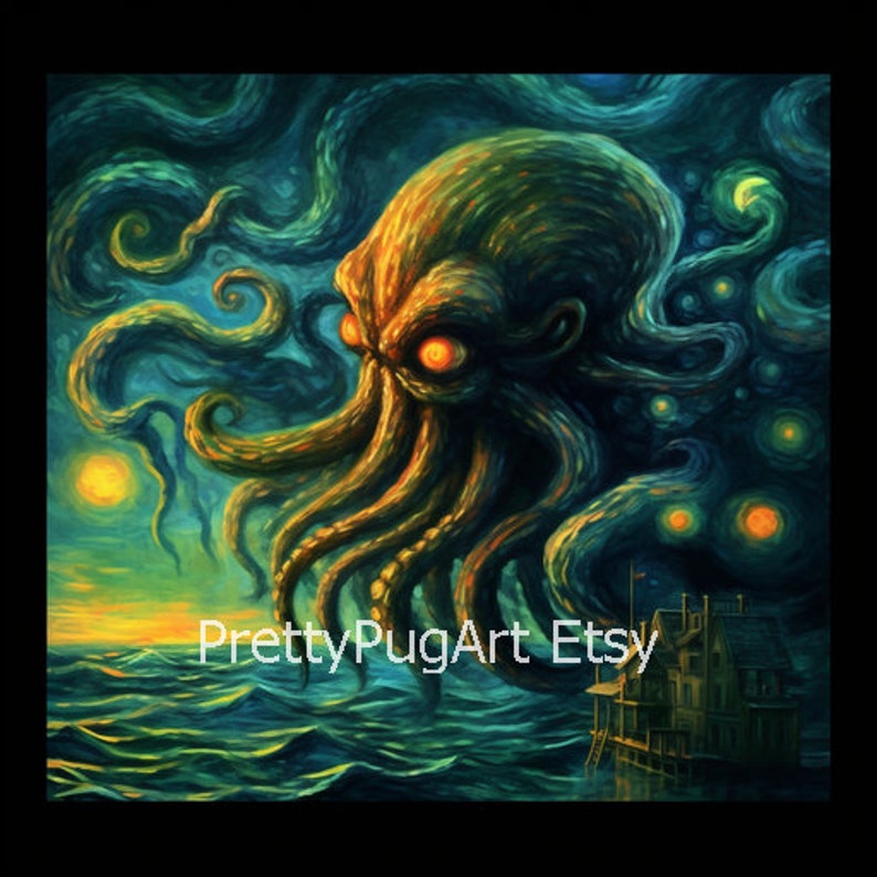Cthulhu's Enigmatic Night - Van Gogh Inspired Digital Art - Set - Etsy