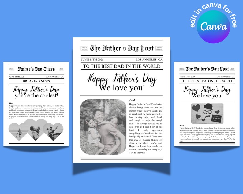 3 Father's Day Newspaper Templates - Editable in Canva Greeting Card ...