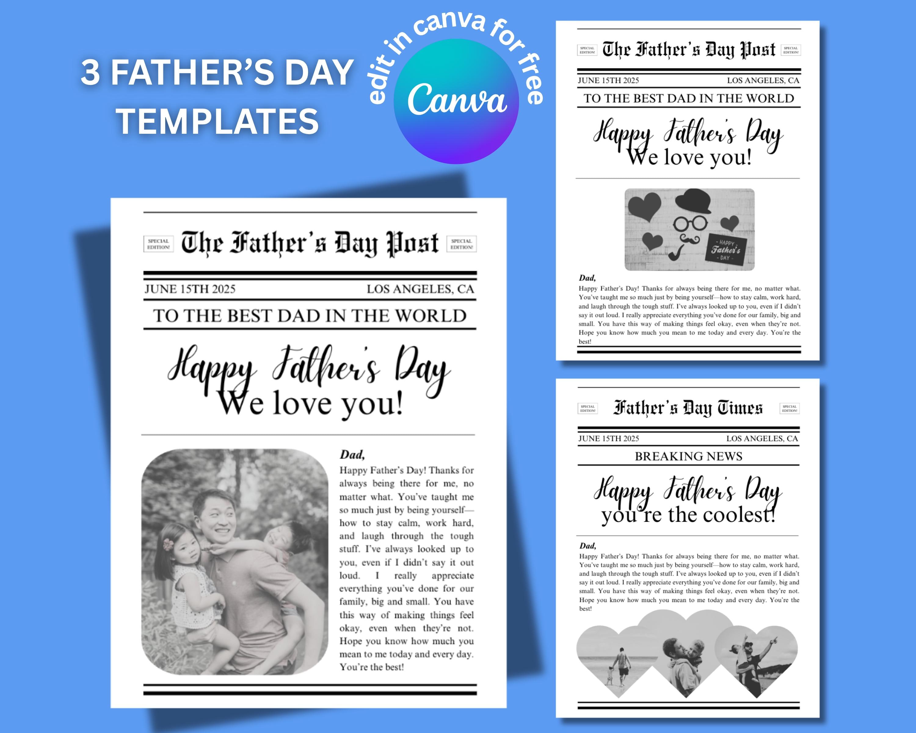 3 Father's Day Newspaper Templates - Editable in Canva Greeting Card ...