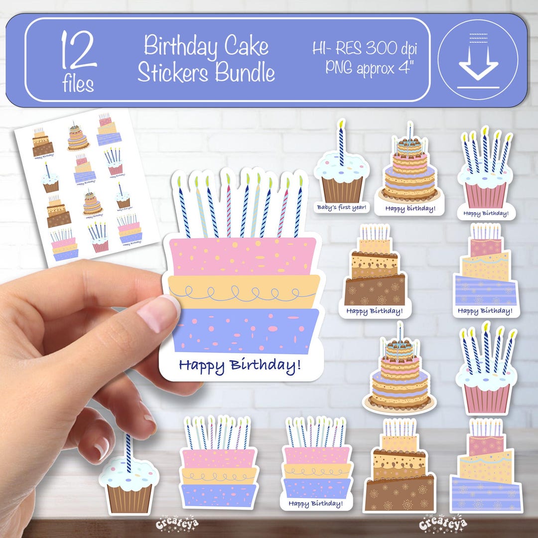 Birthday Cake Stickers Bundle Cute Printable Stickers PNG 1st Birthday ...