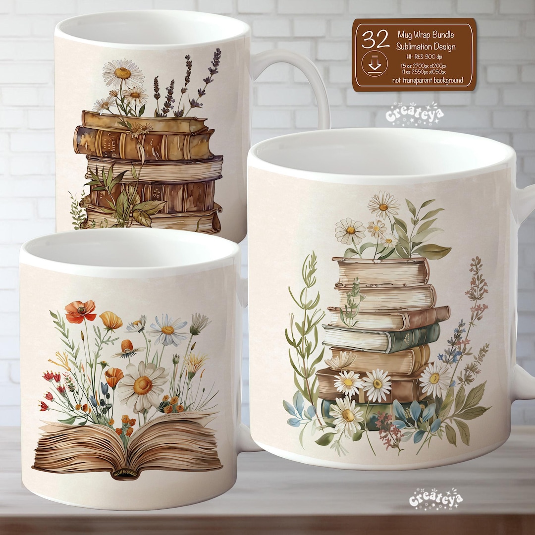 Watercolor Floral Book Lover Mug Wrap Bundle: Vintage Library Design ...