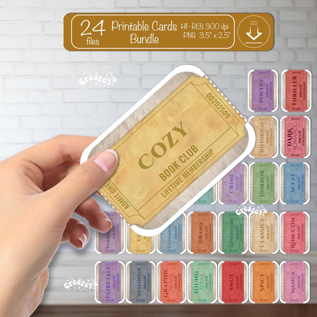 Printable Book Club Cards Bundle Vintage Library Ticket Set Bookish ...