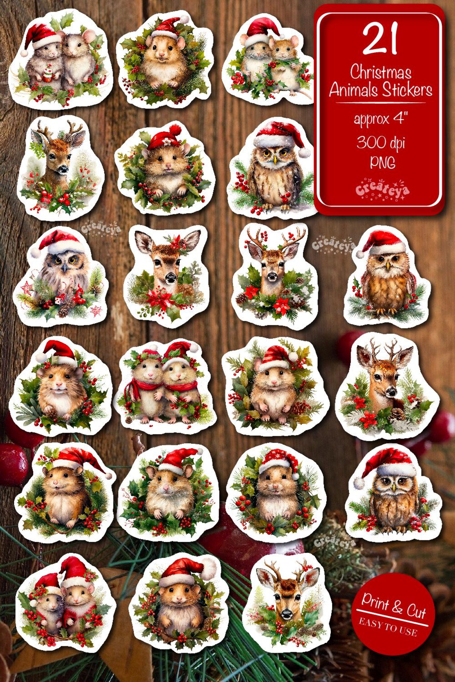 Christmas Stickers PNG Bundle Cute Winter Animals Watercolor Sticker ...