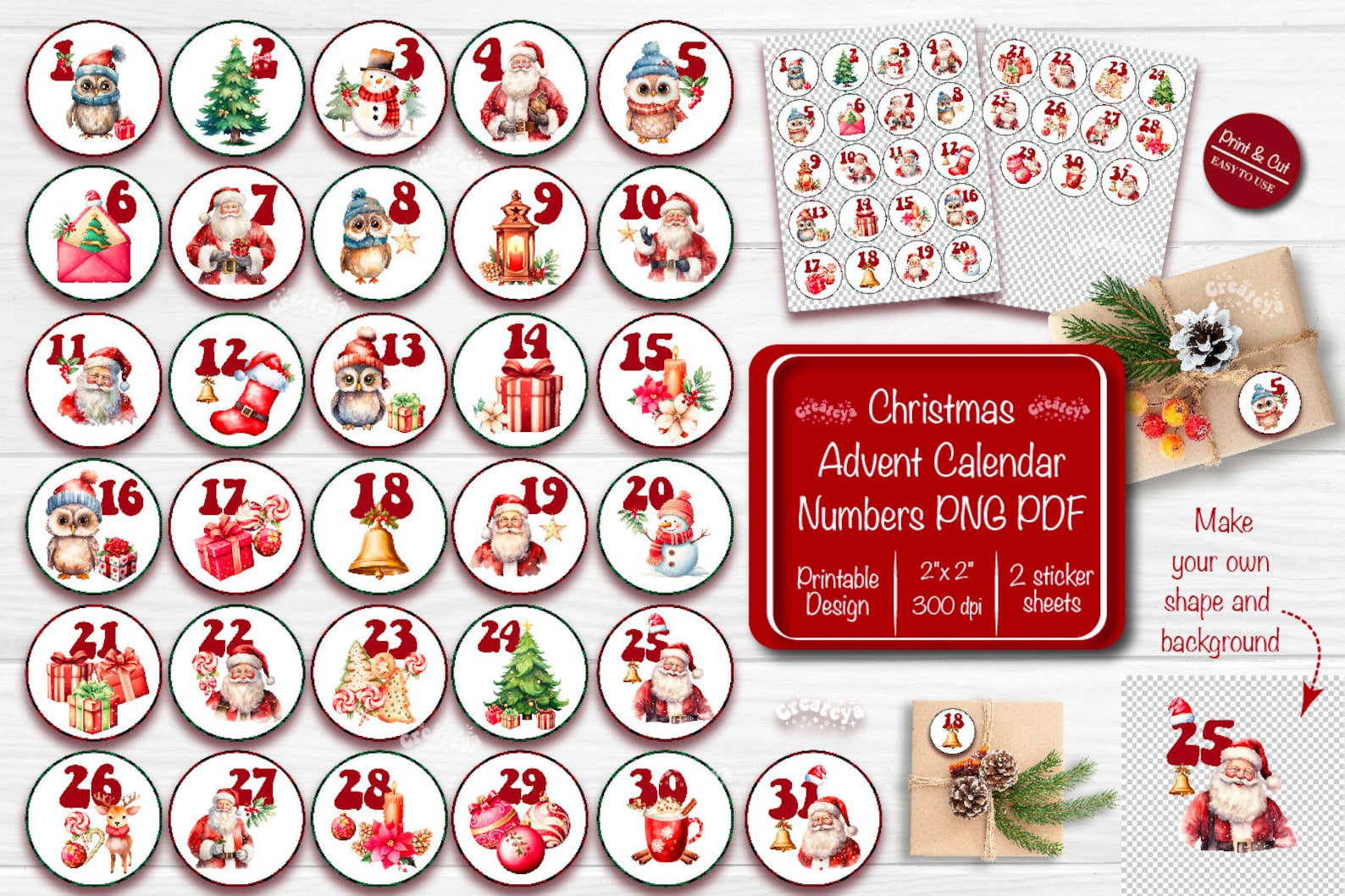 Christmas Advent Numbers Countdown to Christmas Printable Labels Cute ...