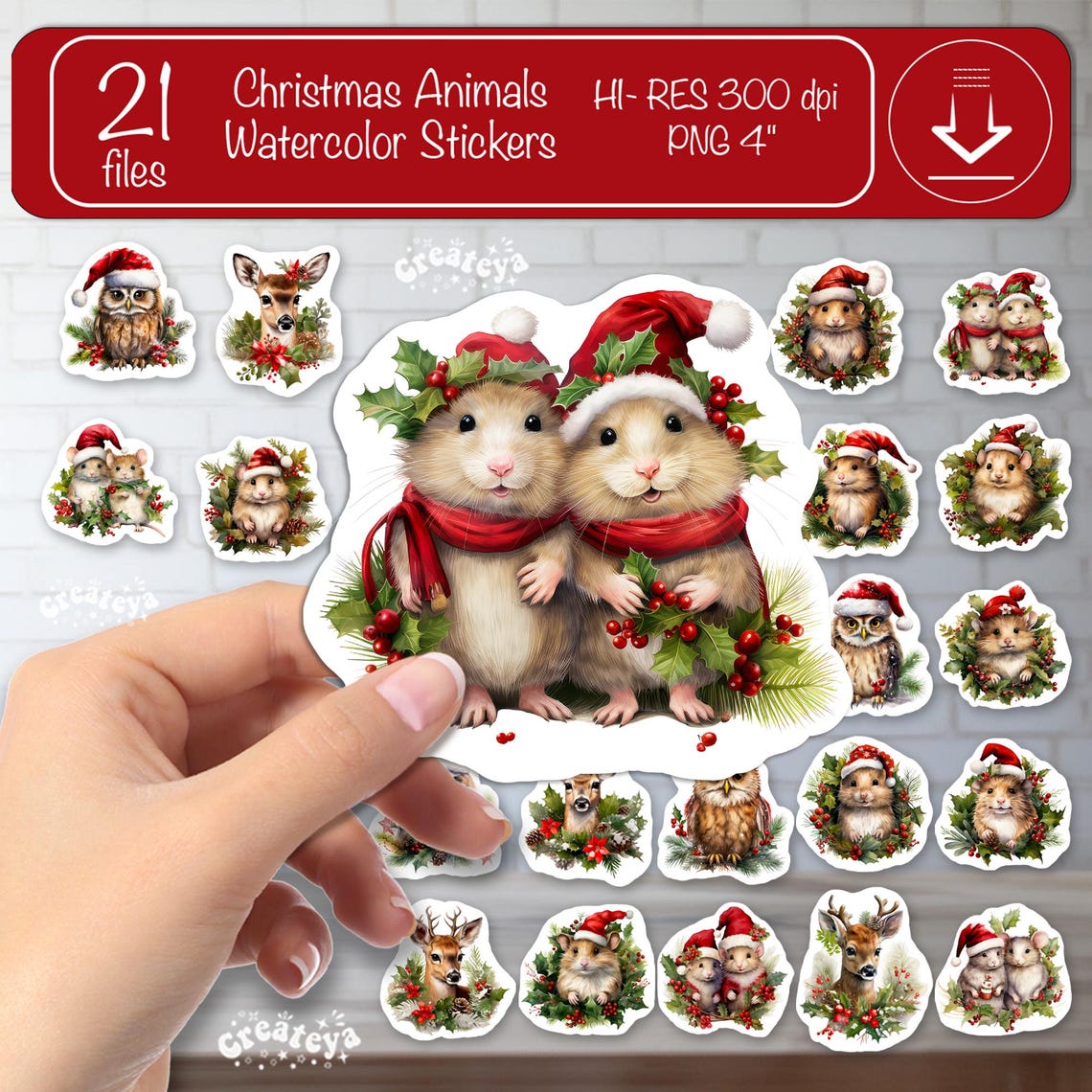 Christmas Stickers PNG Bundle Cute Winter Animals Watercolor Sticker ...