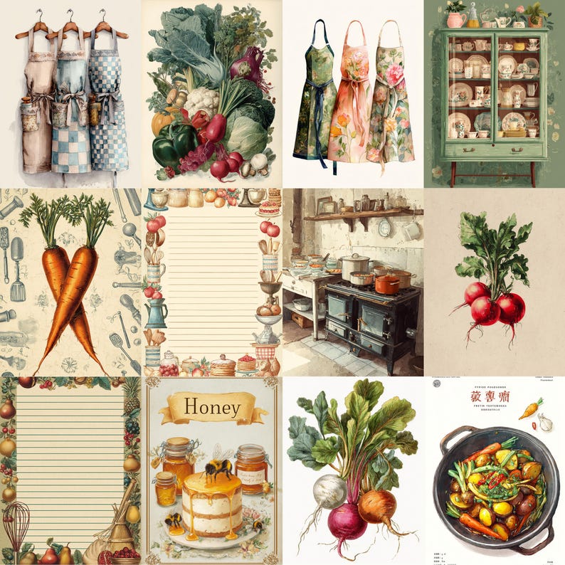 Rustic Farmhouse Cooking Digital Papers, Vintage Kitchen Ephemera, Farm ...