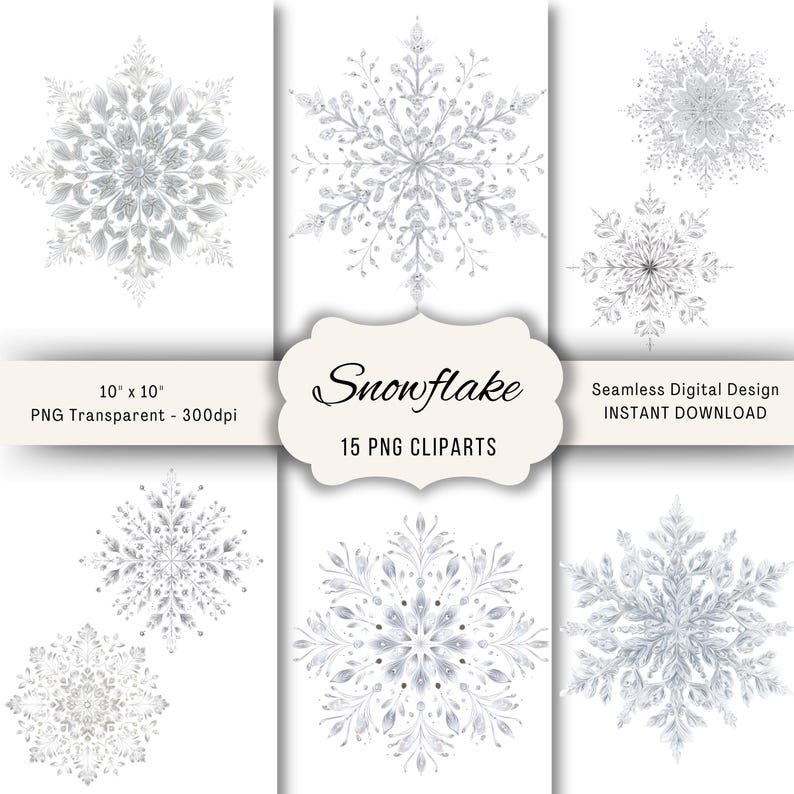 Snowflake Clipart PNG Set – 15 Elegant White and Silver Snowflakes ...