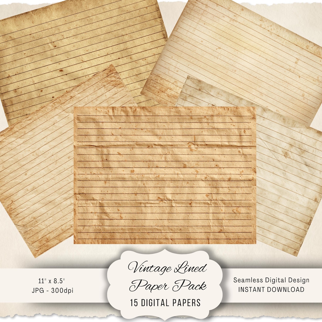 Vintage Lined Paper Pack – 15 Antique Horizontal Writing Papers, Aged ...