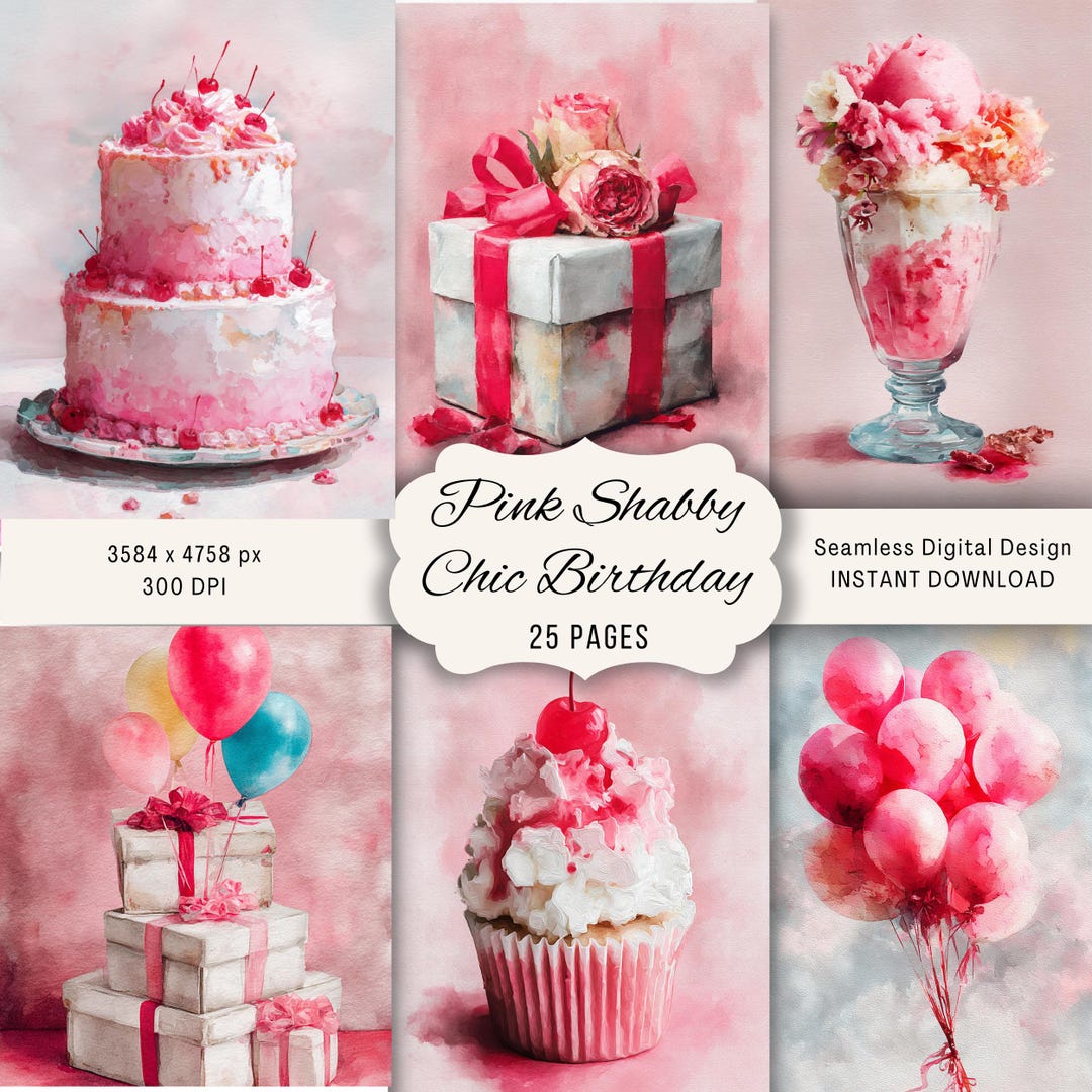 Pink Birthday Shabby Chic Theme | Vintage Birthday Decor | Digital ...