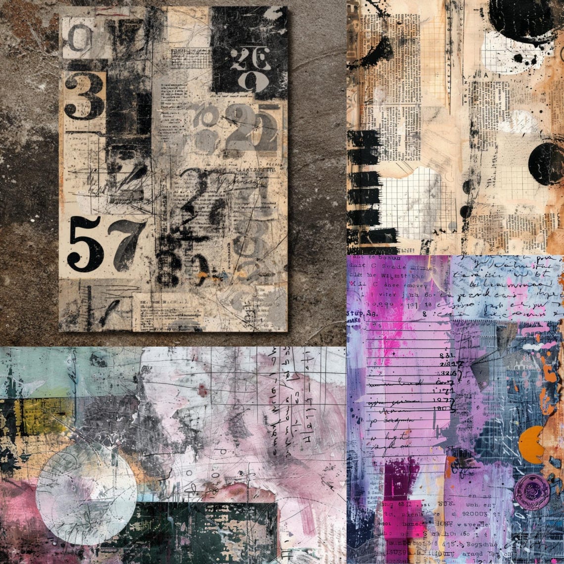 Abstract Collage Pages, Asemic Writing Backgrounds, Junk Journal ...