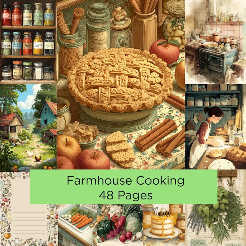 Rustic Farmhouse Cooking Digital Papers, Vintage Kitchen Ephemera, Farm ...