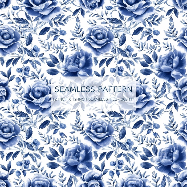 Prussian Blue Floral Seamless Watercolor Pattern Digital Design ...